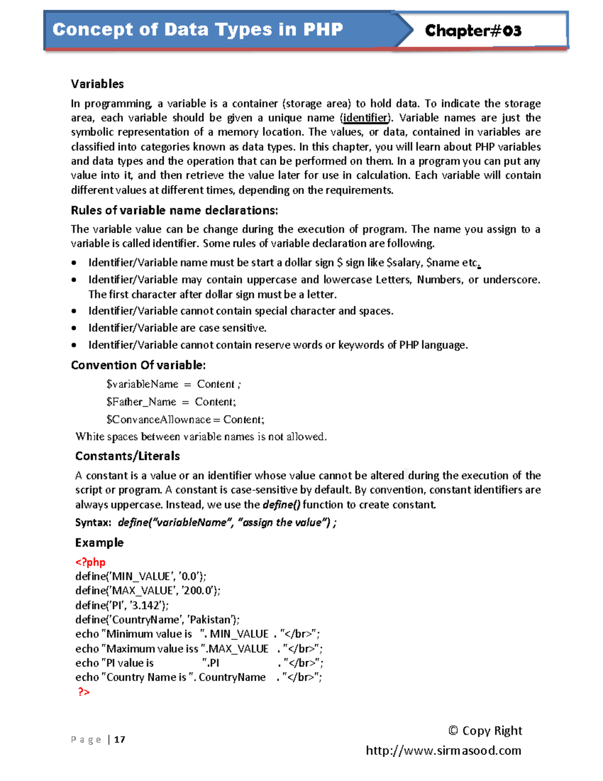 PHPChapter 03 Concept of Data Types in PHP - P a g e | 17 © Copy Right Variables In programming ...