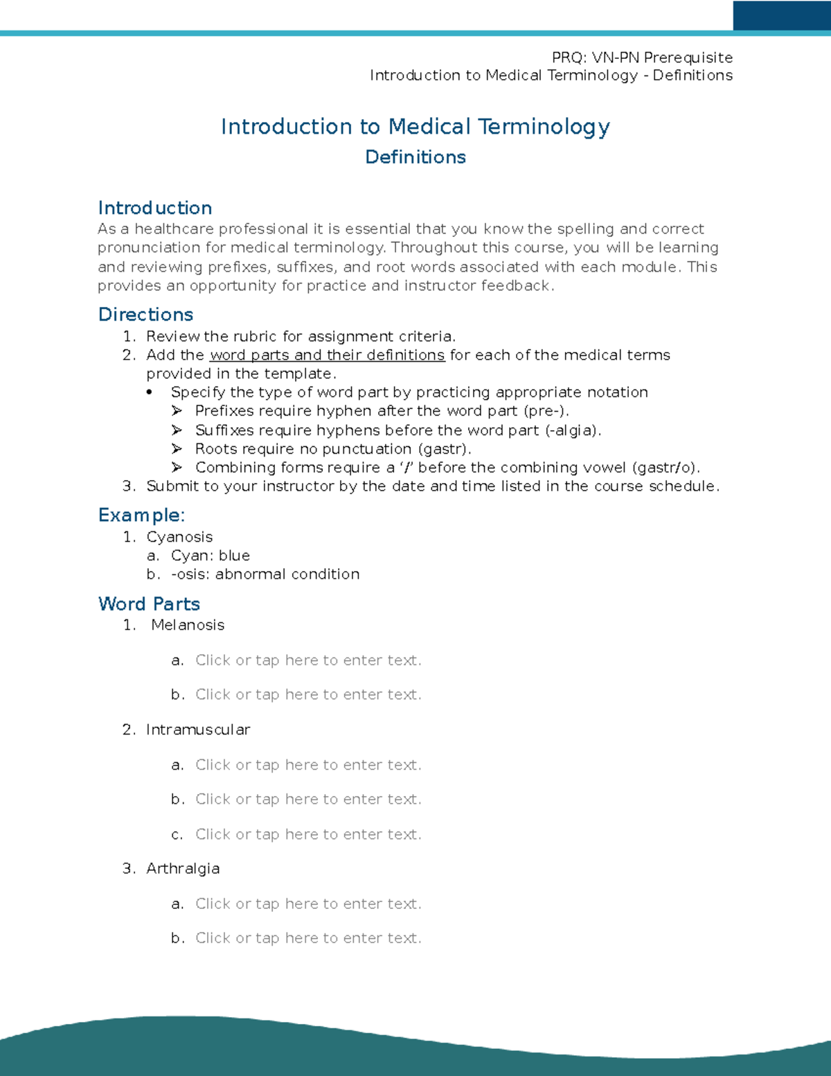 Assignment Definitions (Ch. 1 - Introduction to Medical Terminology ...