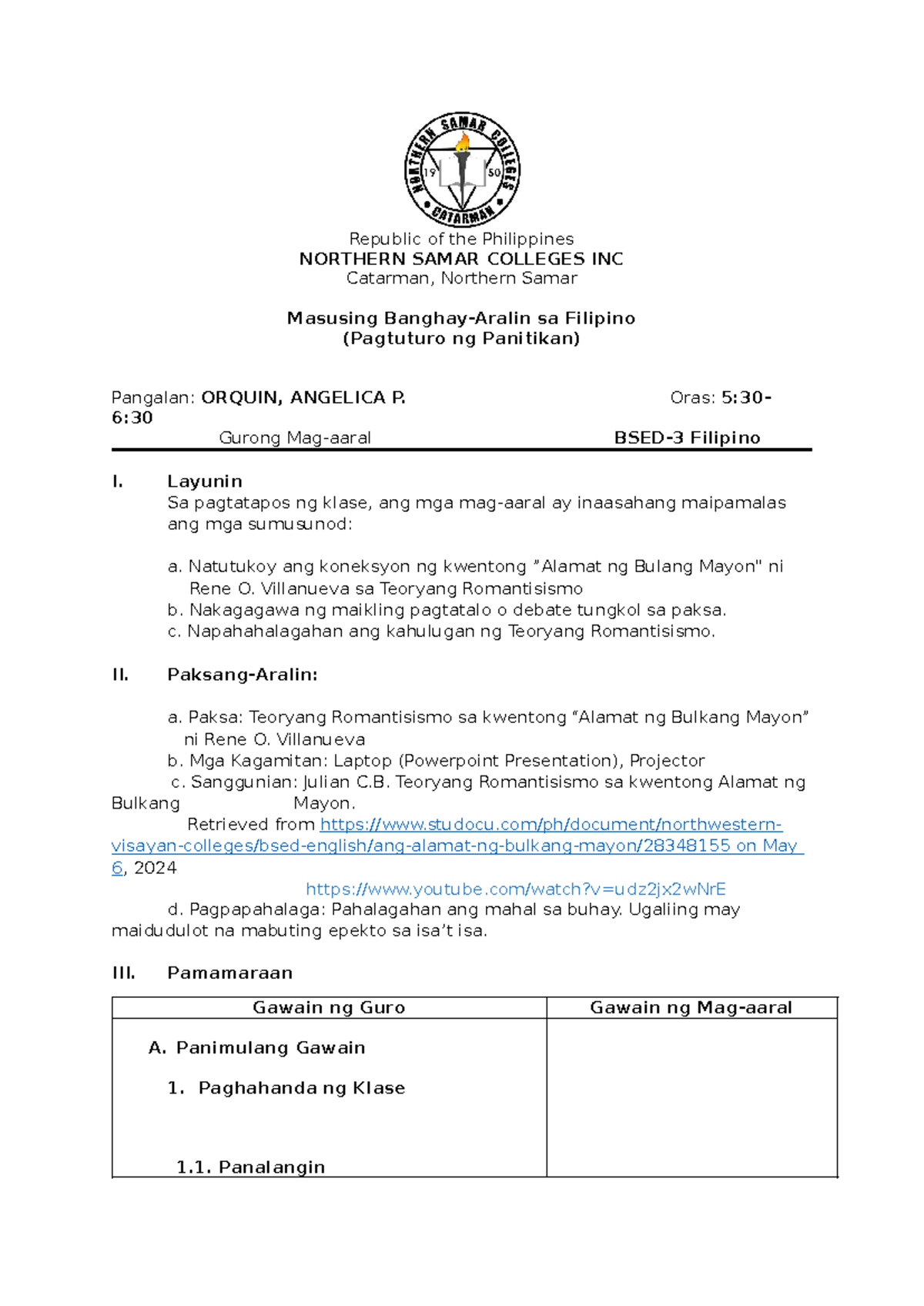 Romantisismo-1-1 - Lesson Plan - Republic of the Philippines NORTHERN ...