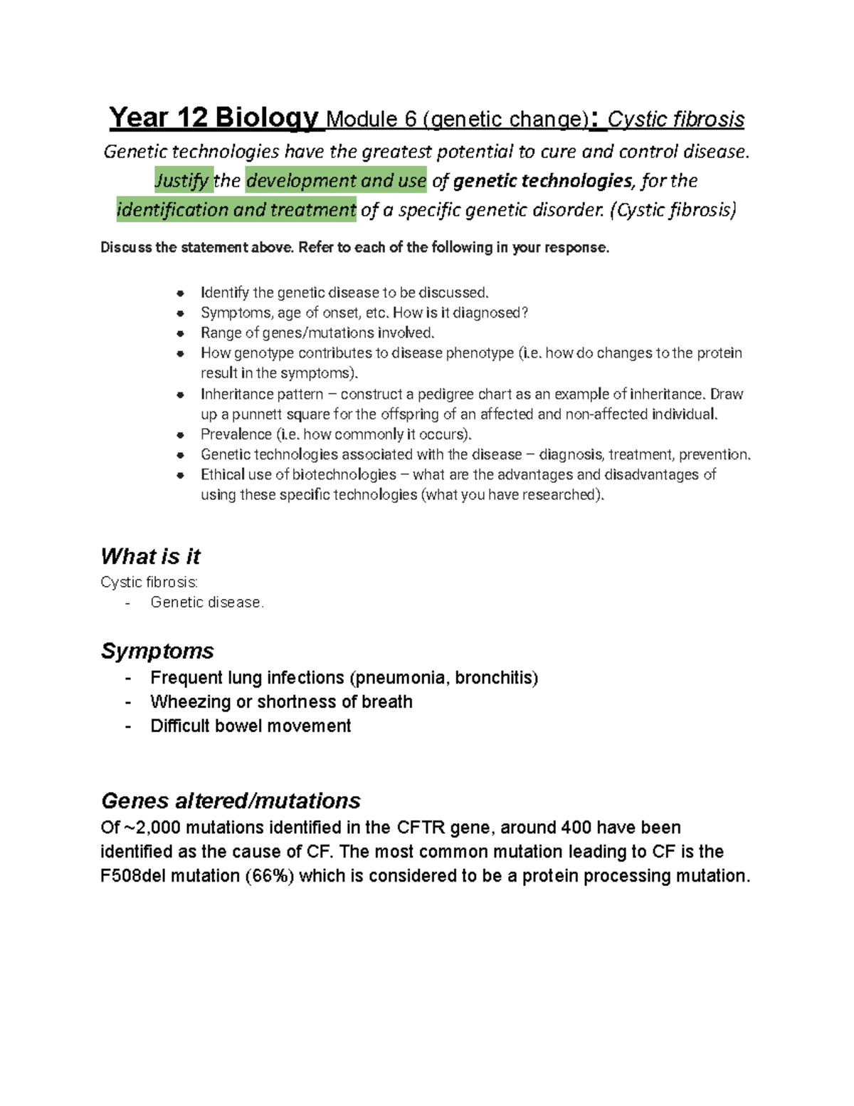 YR12 Biology (module 6-genetic change) Genetic Technologies: Cystic Fibrosis - Year 12 Biology ...