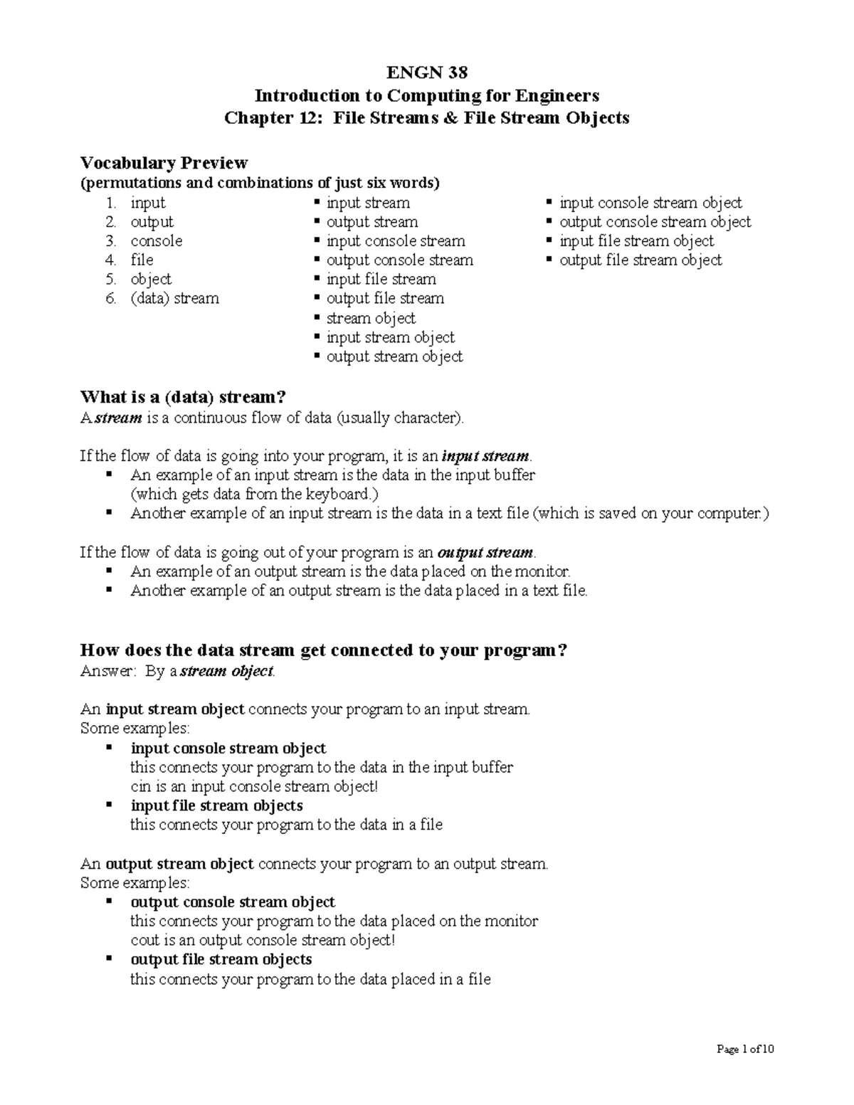 Streams & File IO Summary - ENGN 38 Introduction to Computing for ...