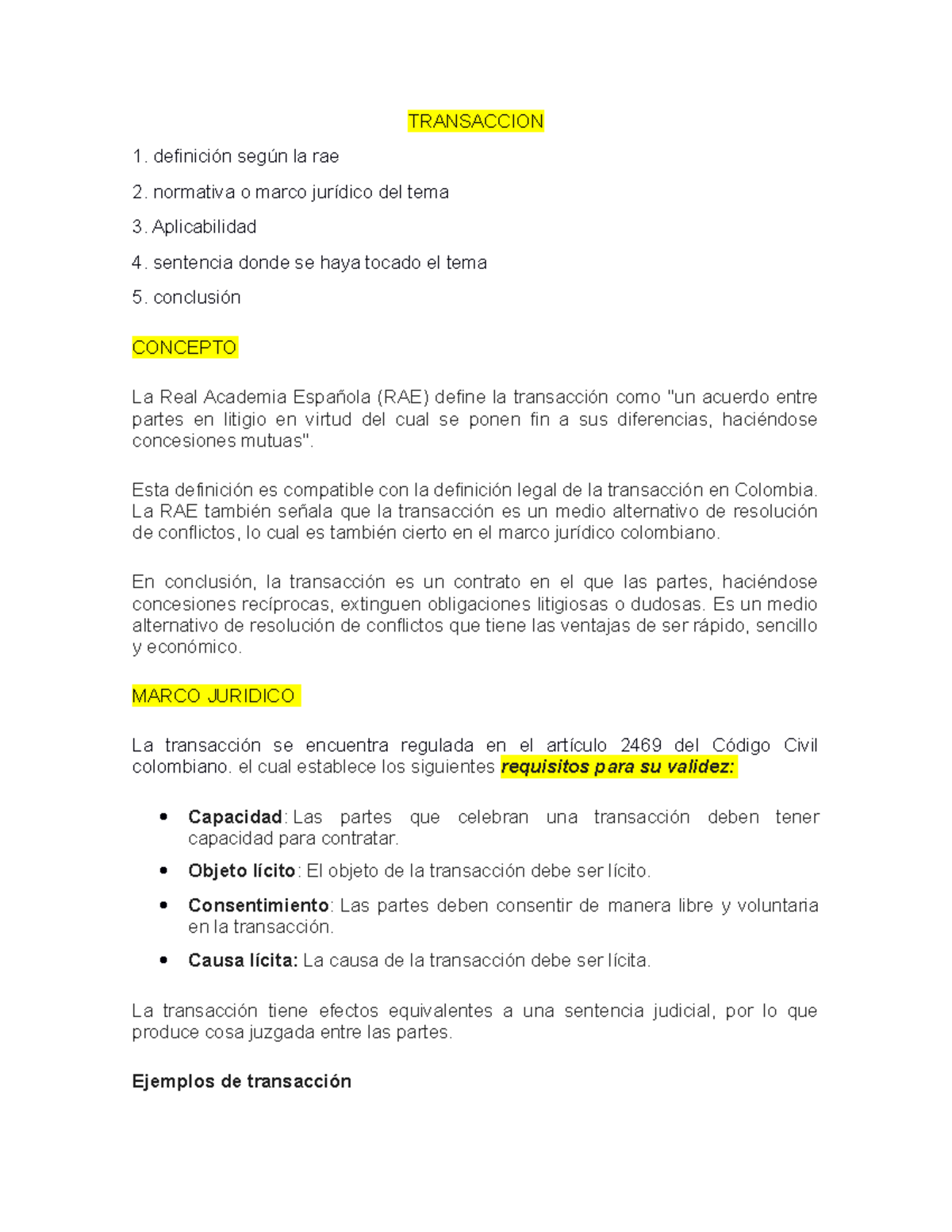 TEMA Transaccion EXPO DE Obligaciones - TRANSACCION definición según la ...