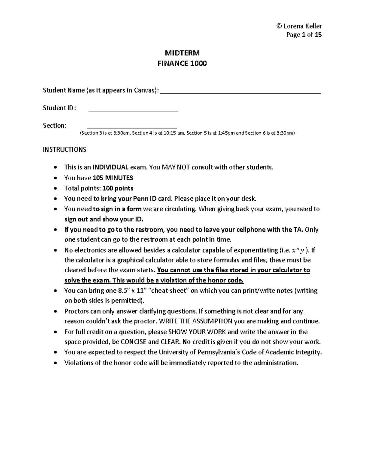 Midterm solutions 2022 - Page 1 of 15 MIDTERM FINANCE 10 00 Student Name (as it appears in ...