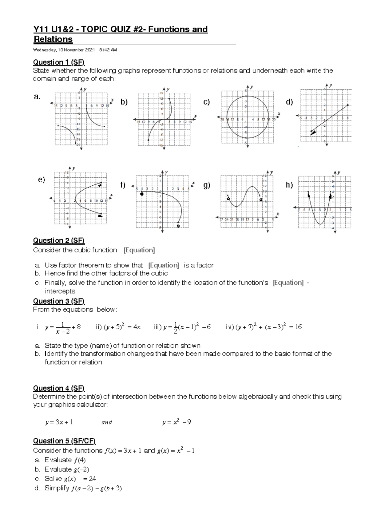Y11 U1&2 - Topic QUIZ #2- Functions and Relations - Y11 U1&2 - TOPIC QUIZ #2- Functions and ...