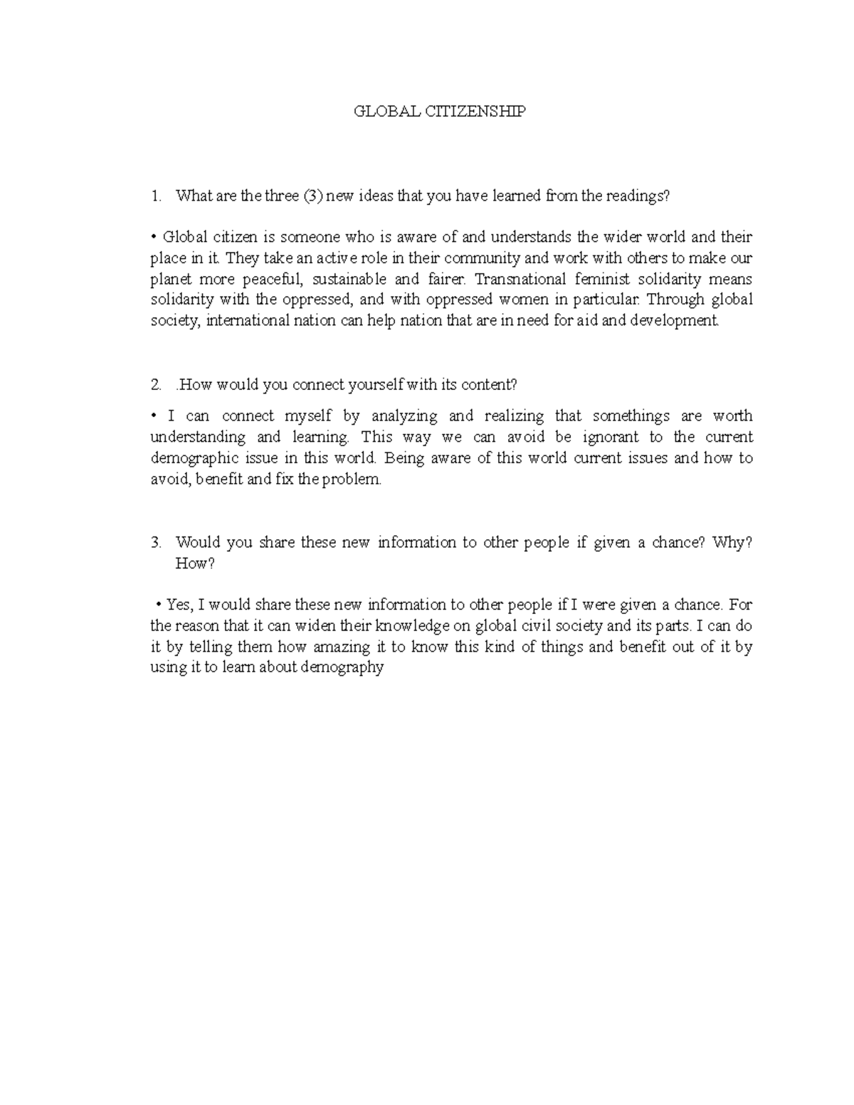 STS Global Citizenship - GLOBAL CITIZENSHIP What are the three (3) new ...