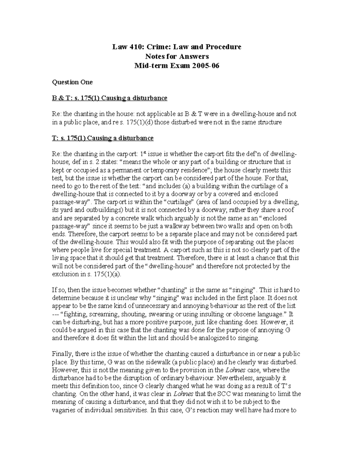 Crime Midterm 05-06 Sample Answer - Law 410: Crime: Law and Procedure ...
