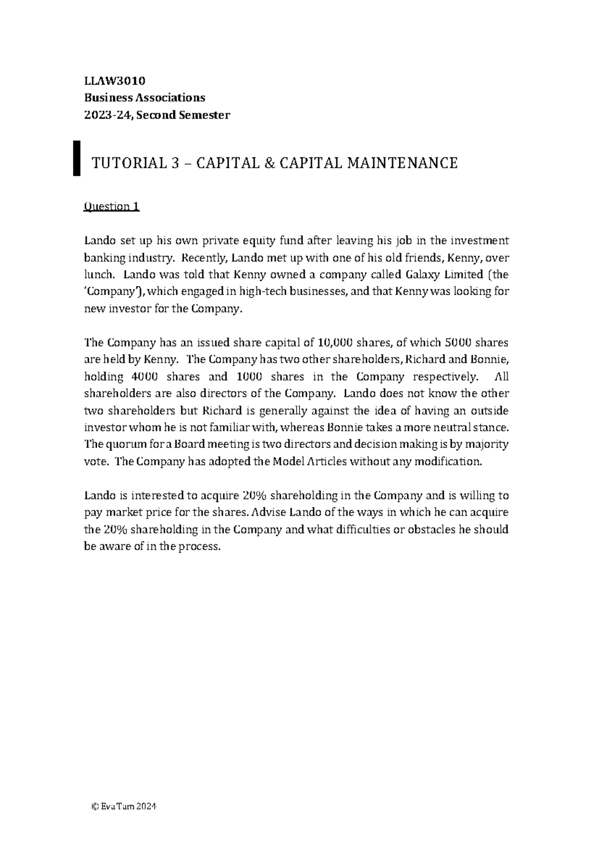 Tutorial 3 Question Answer - © Eva Tam 202 4 LLAW 3010 Business Associations 2023 - 24 , Second ...