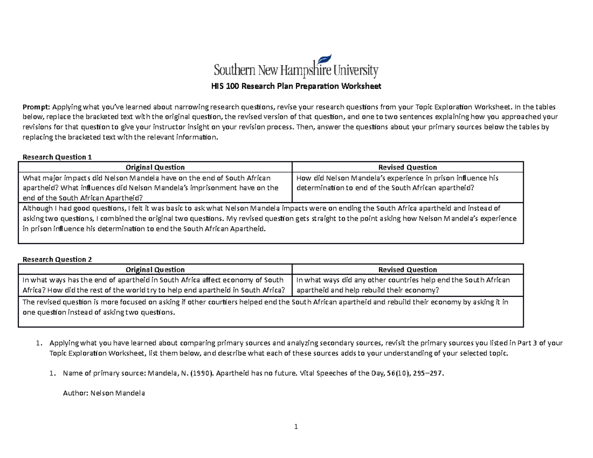 4 Research Plan Preparation Worksheet - HIS 100 Research Plan ...