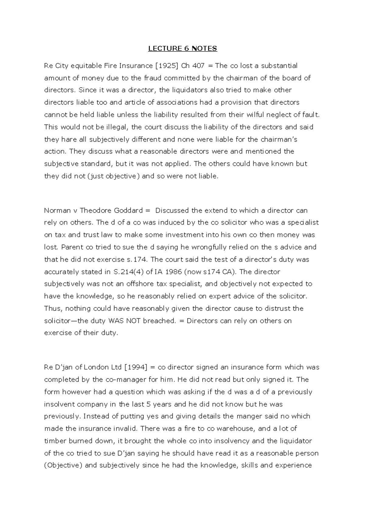 Director's duties - s.174 - LECTURE 6 NOTES Re City equitable Fire ...