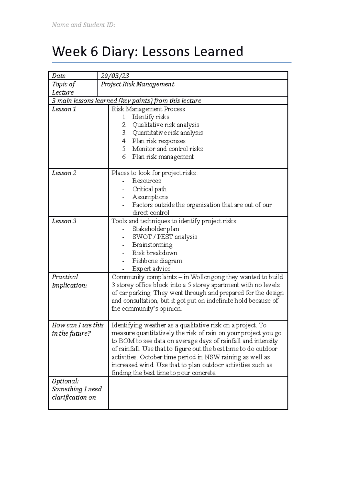 Week6-10 Diary Entry - Week 6 Diary: Lessons Learned Date 29/03/ Topic ...