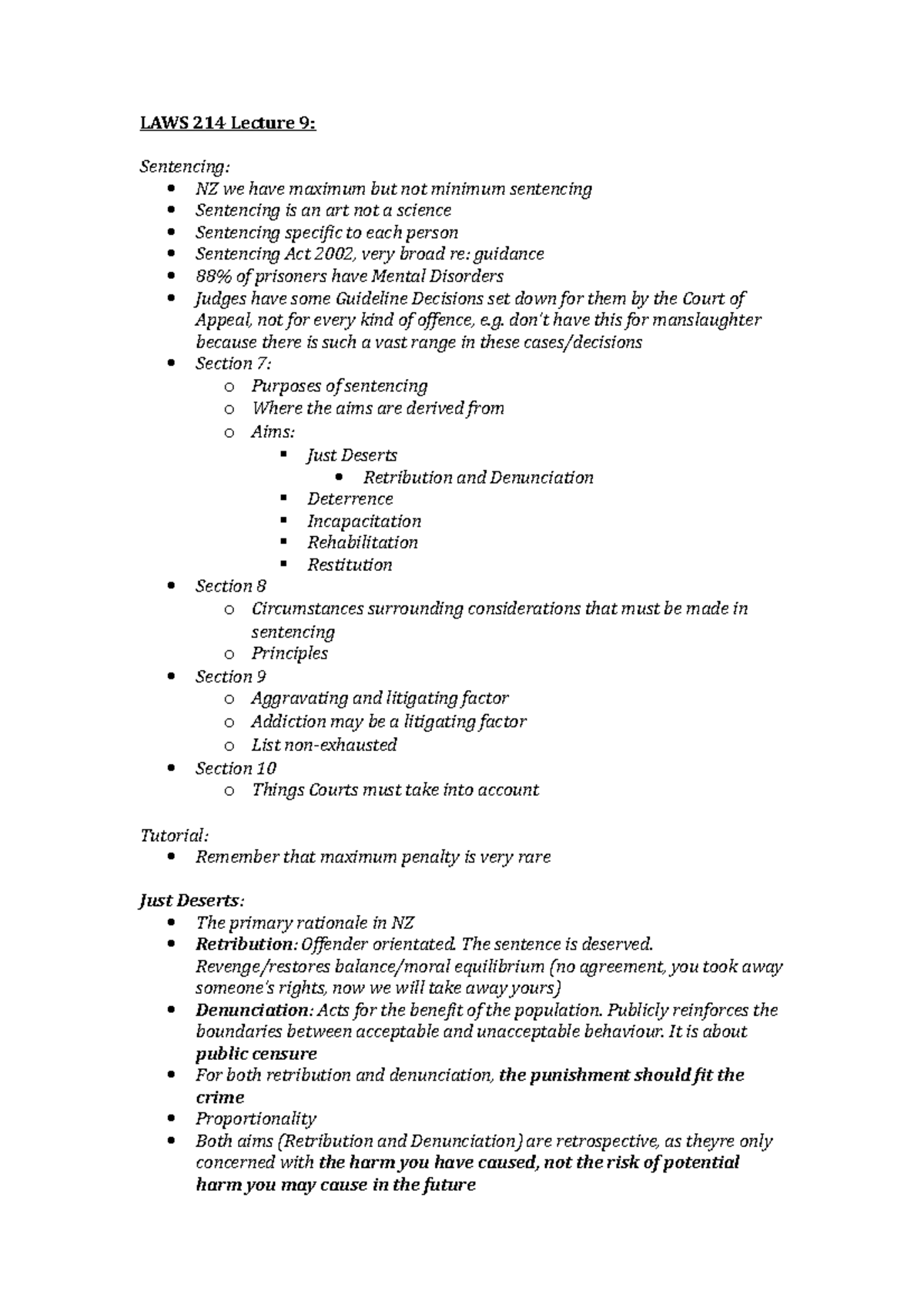 LAWS 214 Lecture 9 - LAWS 214 Lecture 9: Sentencing: NZ we have maximum but not minimum ...