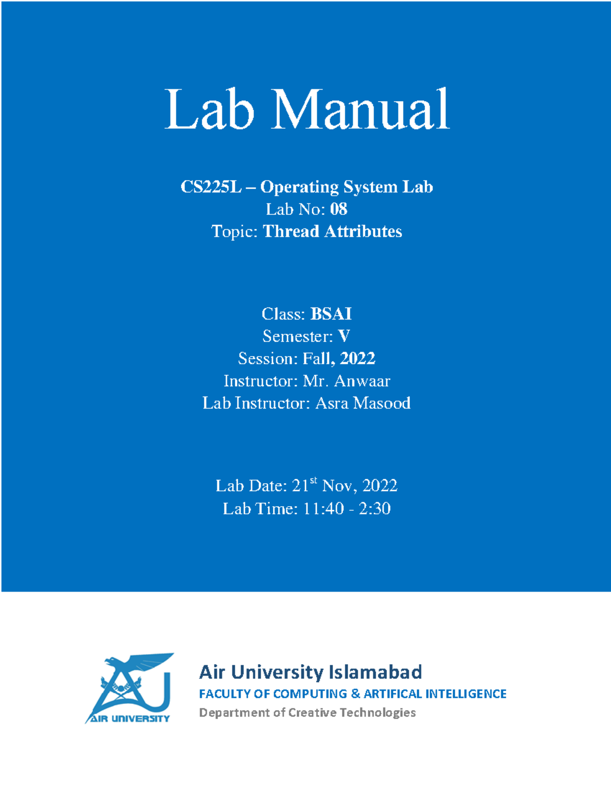 Os Lab Manual W08 Lab Manual Cs225l Operating System Lab Lab No 08 Topic Thread 