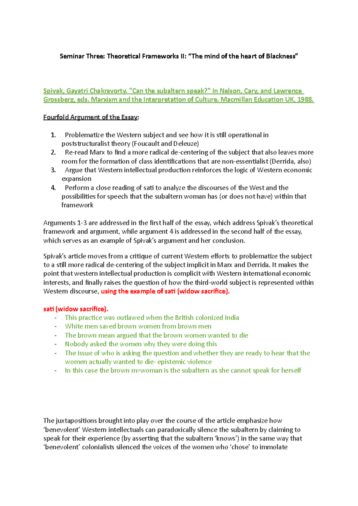 Seminar Three - "Can the subaltern speak?" In Nelson, Cary, and ...