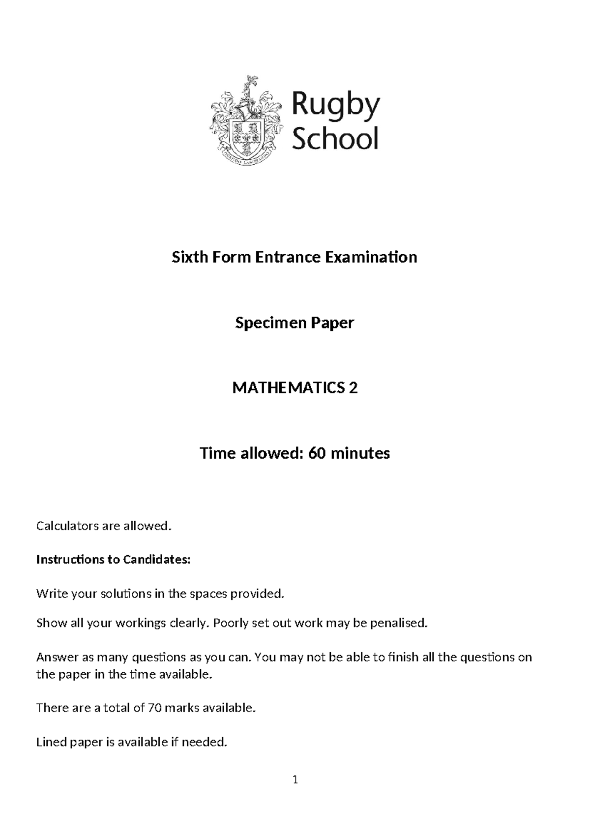 16 Maths 2 specimen Paper 2 - Sixth Form Entrance Examination Specimen ...