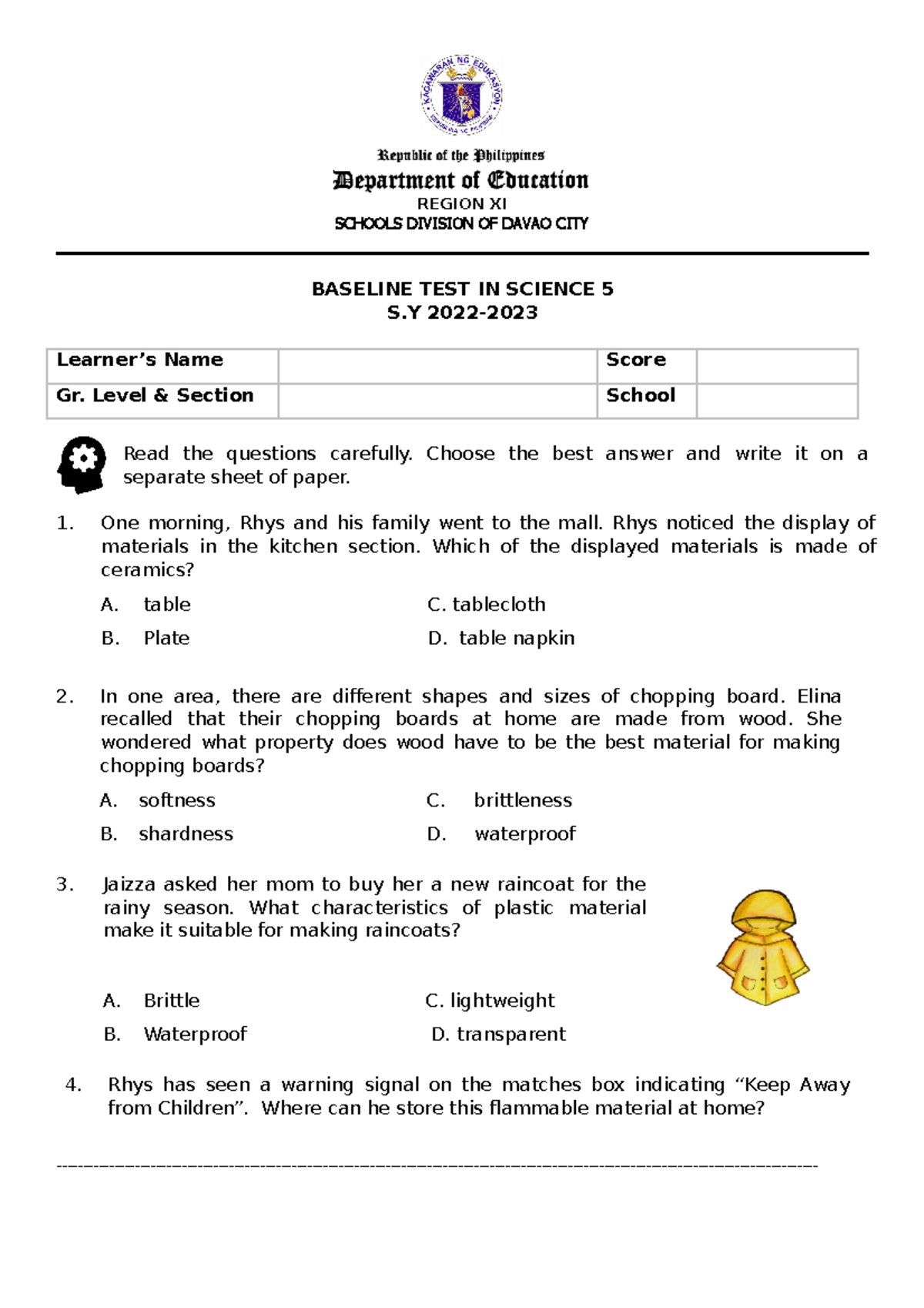 Baseline TEST IN Science 5 2022-2023 - SCHOOLS DIVISION OF DAVAO CITY ...