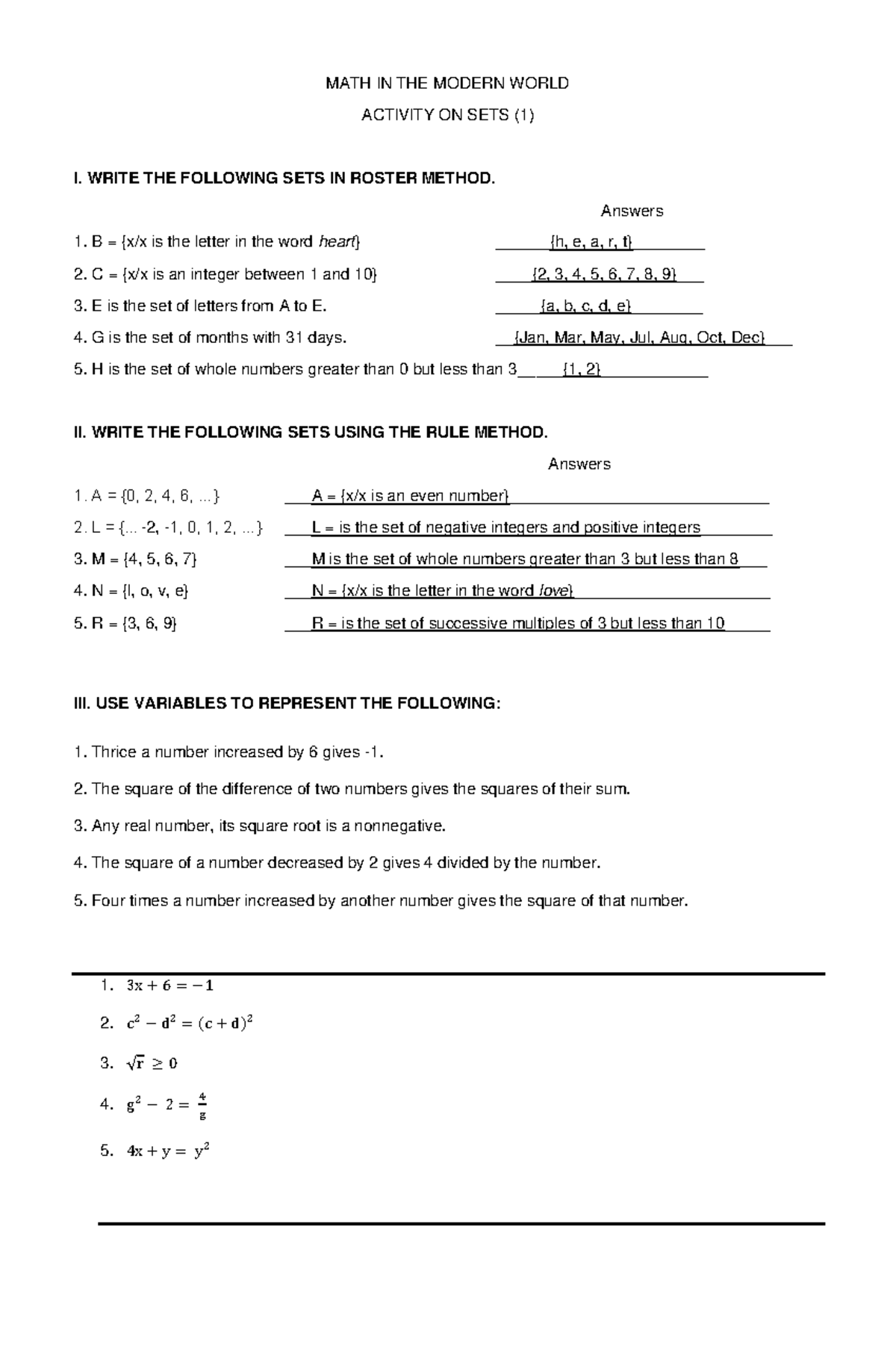 Activity Set in MMW 113 - MATH IN THE MODERN WORLD ACTIVITY ON SETS (1 ...