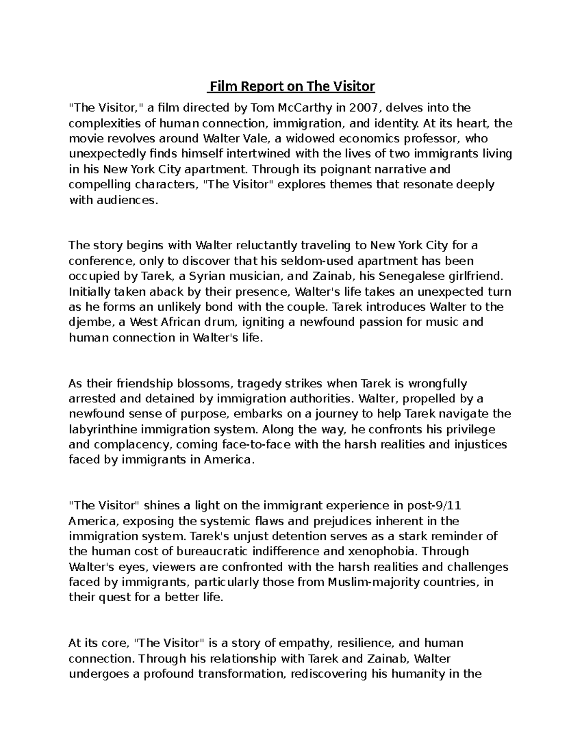 Film Report on The Visitor - Film Report on The Visitor "The Visitor ...