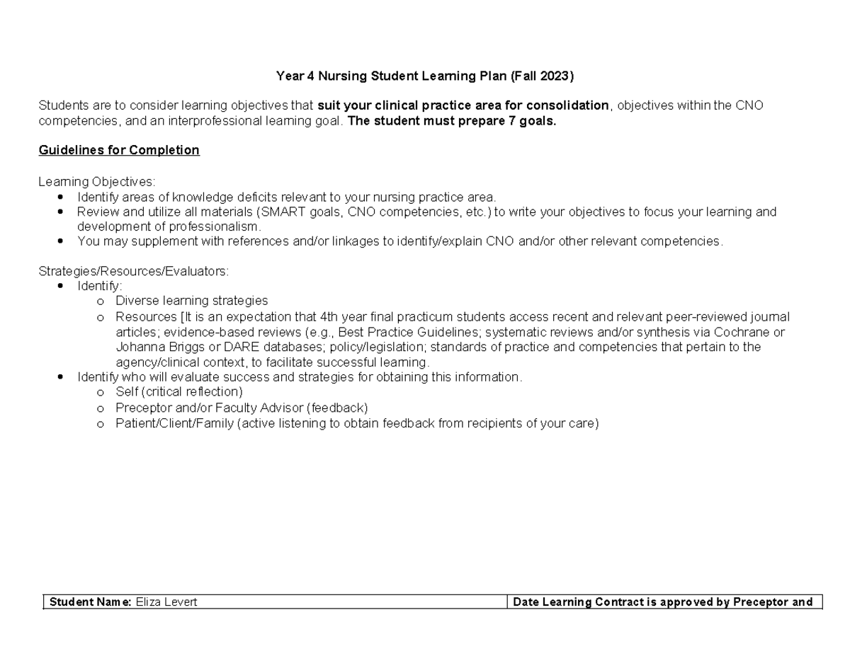 Learning Plan - LP for clinical - Year 4 Nursing Student Learning Plan ...