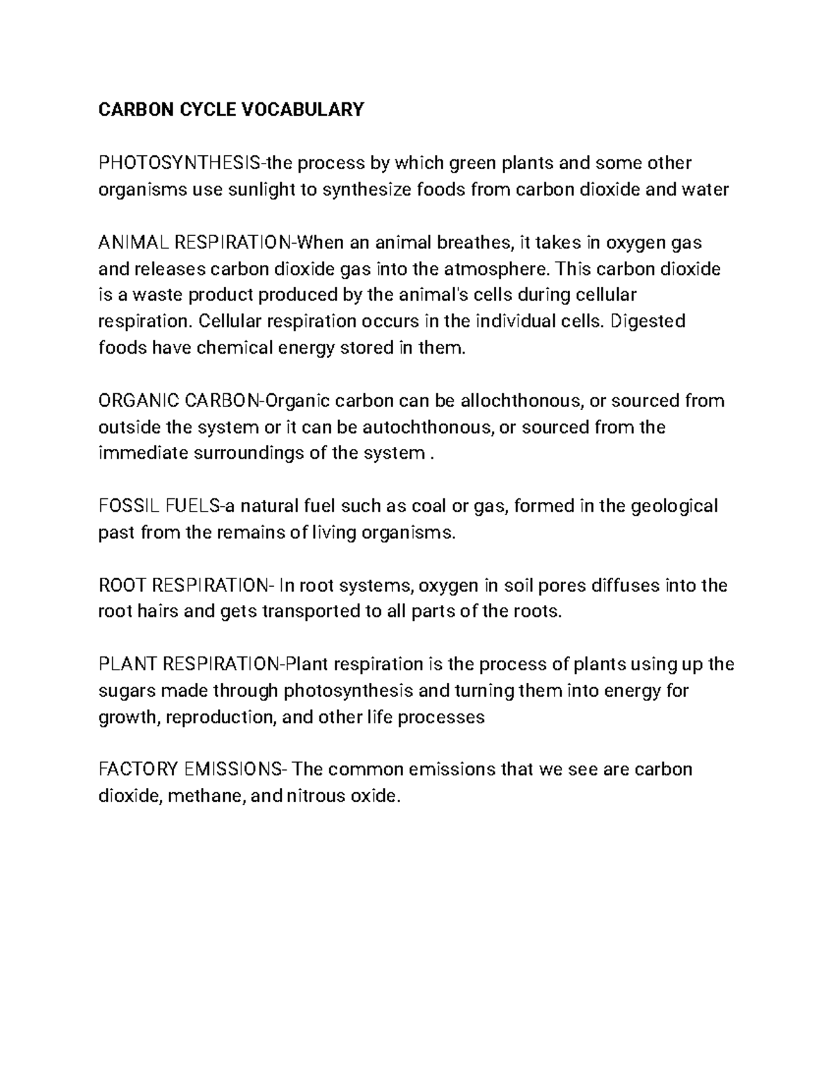 Carbon Cycle Vocabulary - CARBON CYCLE VOCABULARY PHOTOSYNTHESIS-the ...