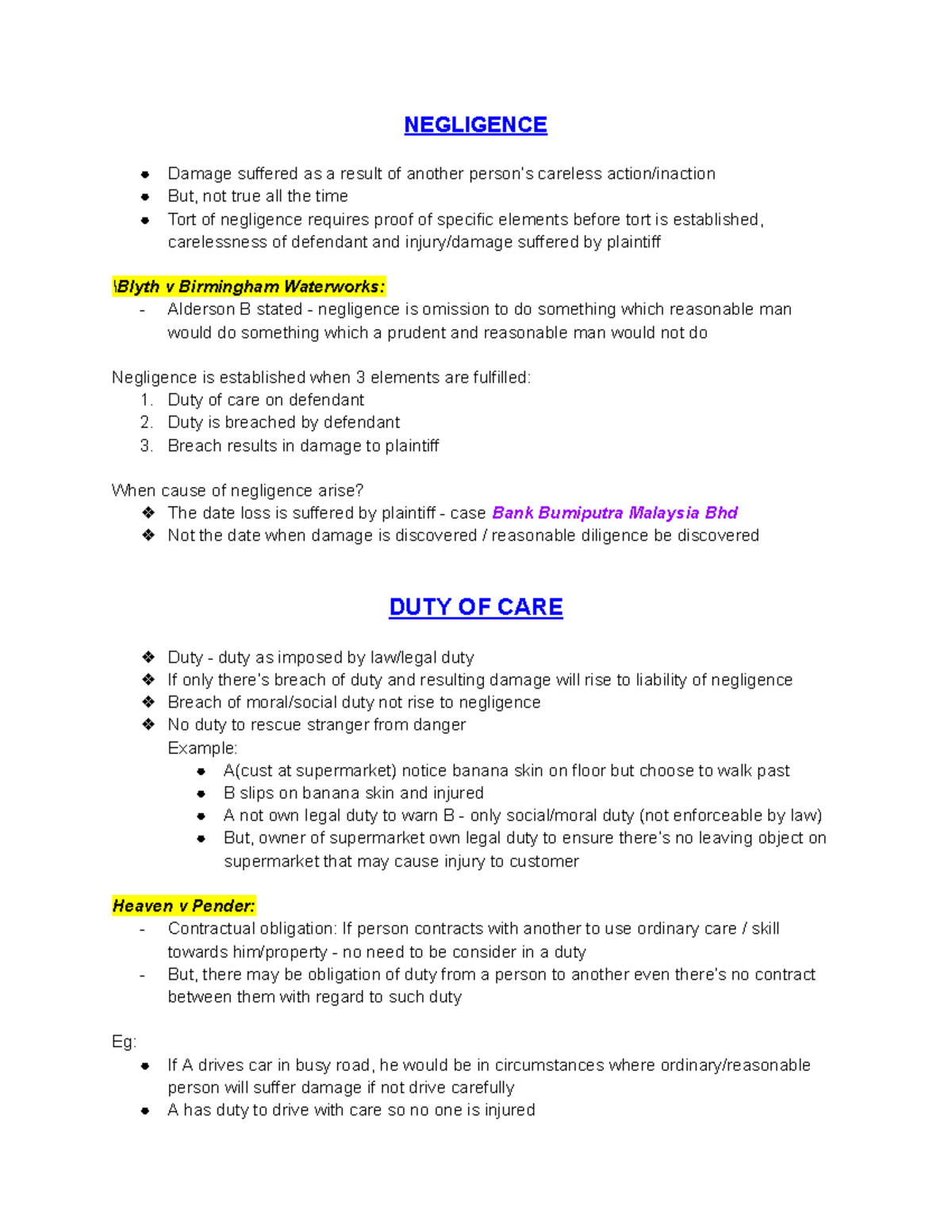 Negligence-duty of care - NEGLIGENCE Damage suffered as a result of ...
