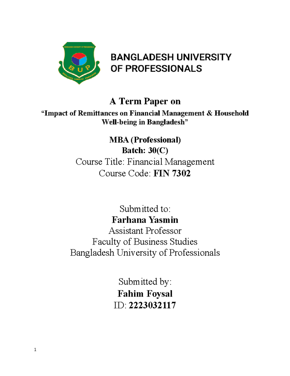 impact of remittance on financial management in bangladesh - A Term ...