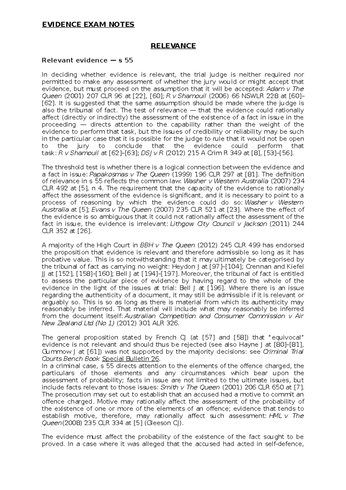Evidence - Exam Summary Notess - EVIDENCE EXAM NOTES RELEVANCE Relevant ...
