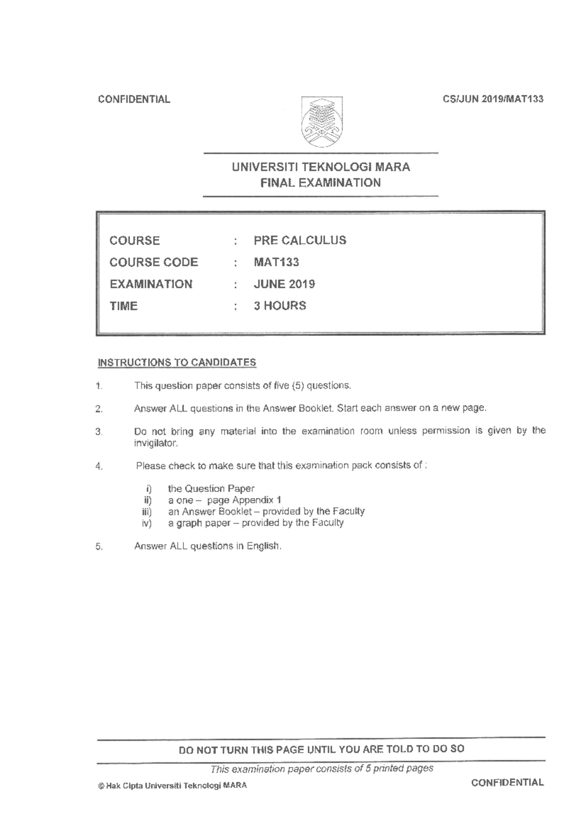 MAT133 june2019 - exam paper - Pre Calculus - Studocu