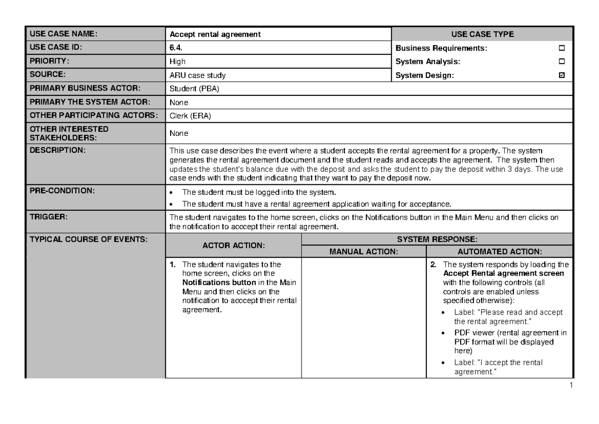 Activity Class Example - USE CASE NAME: Accept rental agreement USE ...