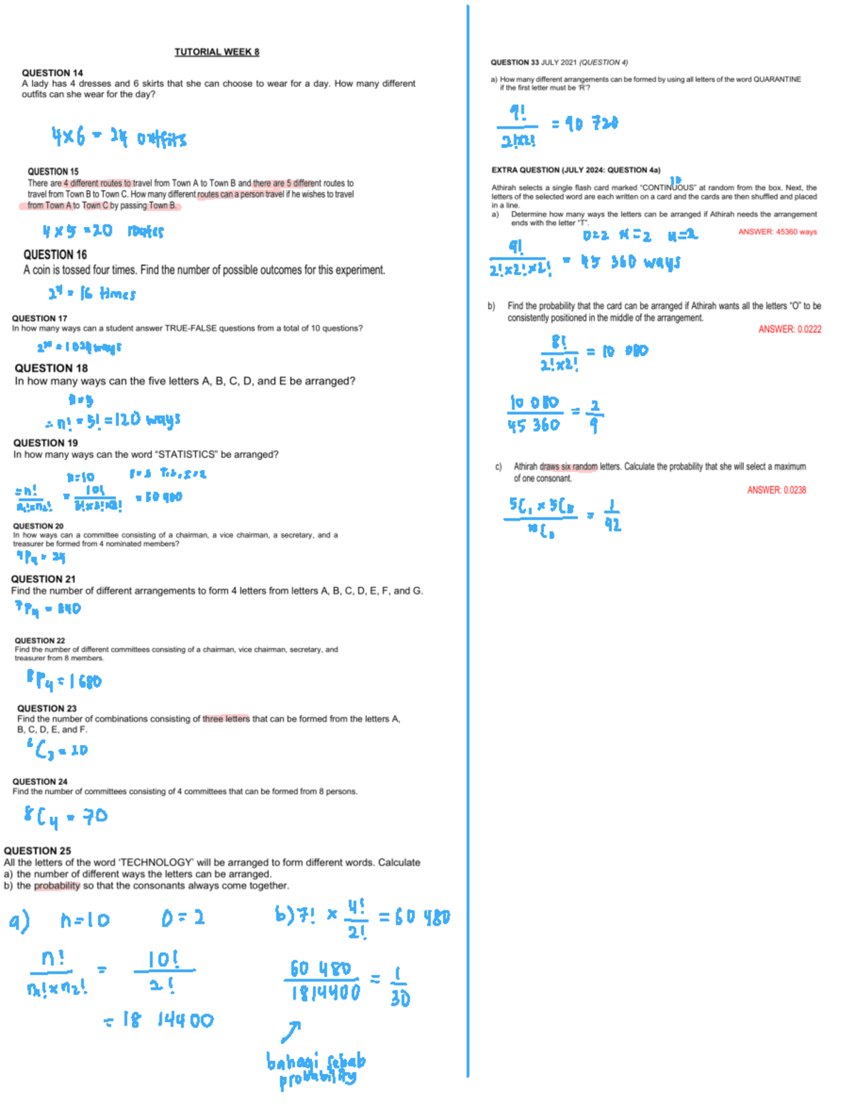 Tutorial WEEK 8 - sta 108 - TUTORIAL WEEK 8 QUESTION 14 A lady has 4 dresses and 6 skirts that ...