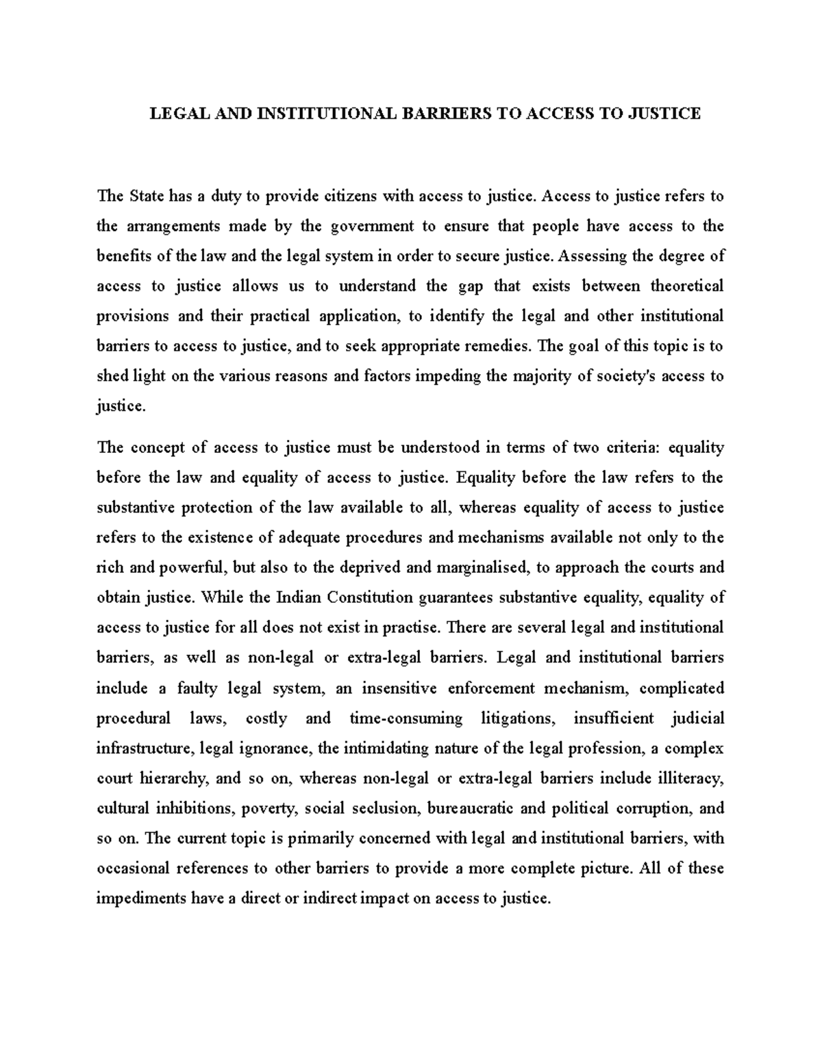 Legal AND Institutional Barriers TO Access TO Justice - LEGAL AND ...