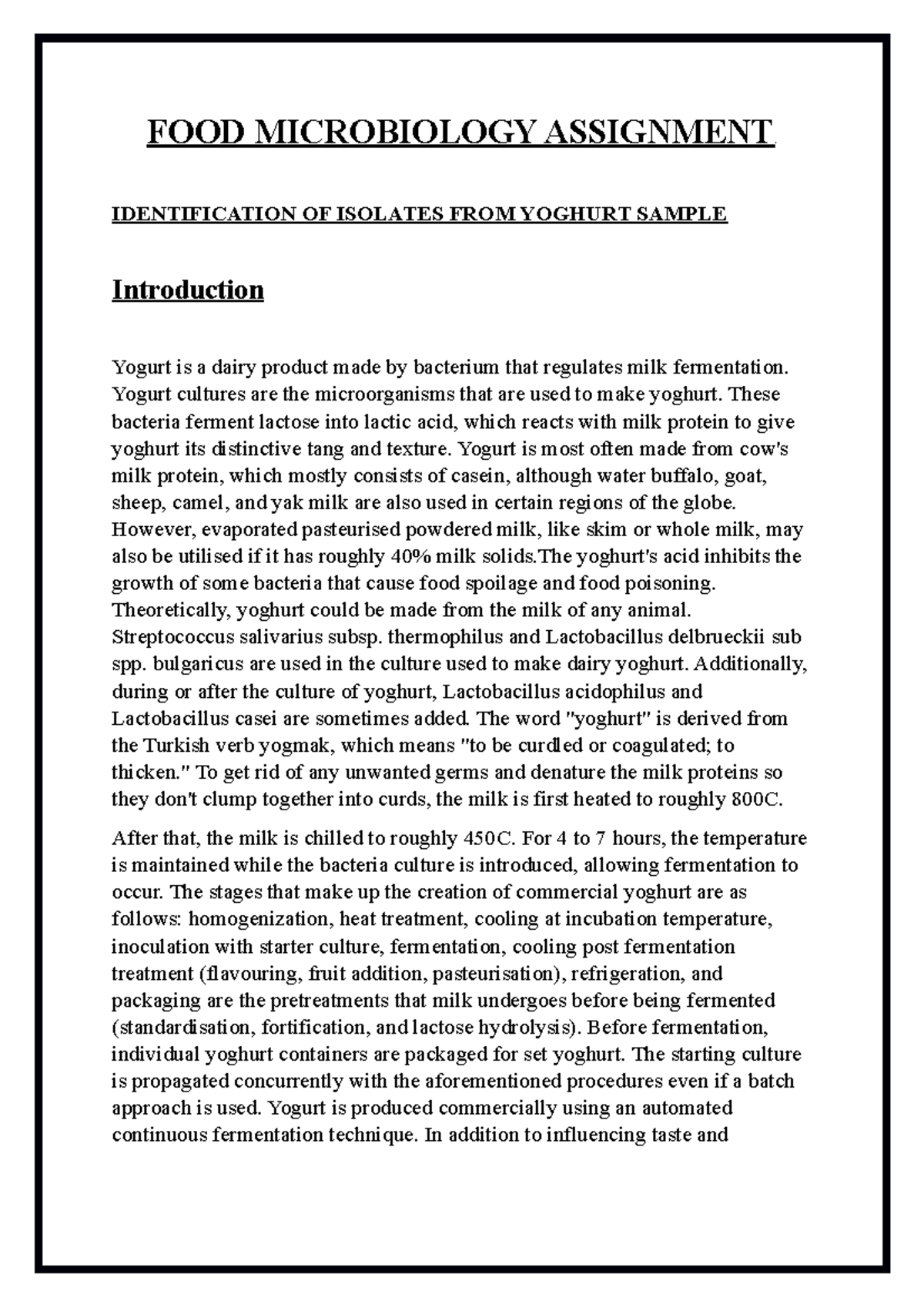 Identification OF Isolates FROM Yoghurt Sample - FOOD MICROBIOLOGY ...