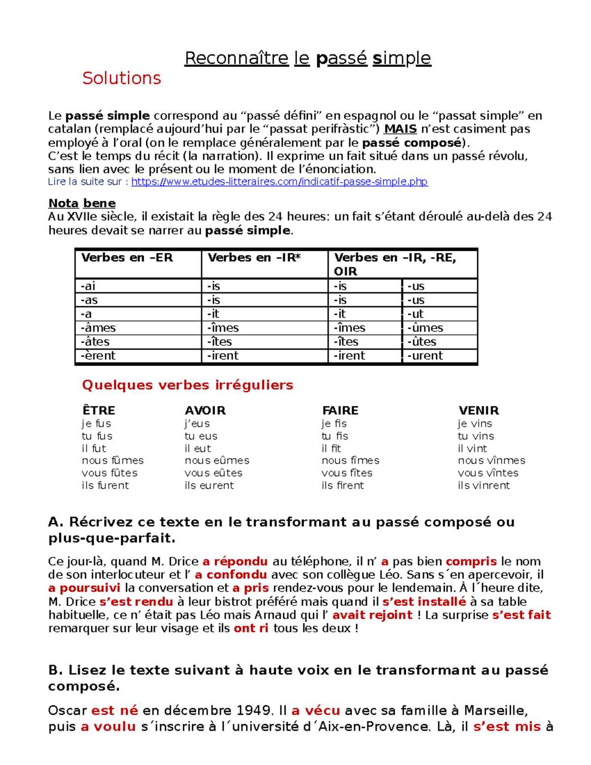 Passé Simple - Formation et usages-Corrigé - Reconnaître le p assé s im ...