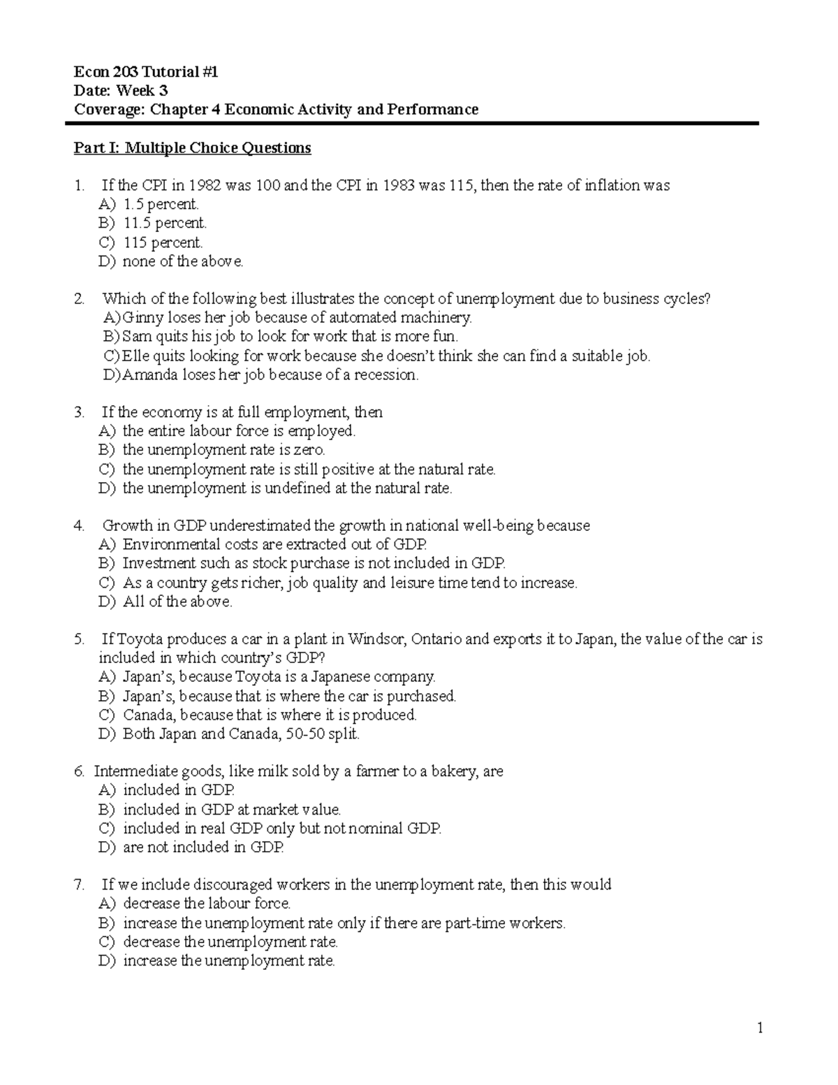 203-tutorial-1 - Econ 203 Tutorial Date: Week 3 Coverage: Chapter 4 ...