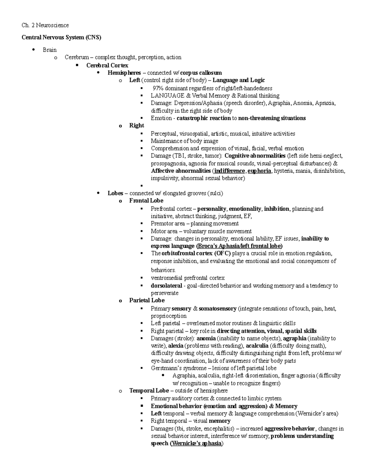 Neuroscience & psychopharm - Ch. 2 Neuroscience Central Nervous System ...