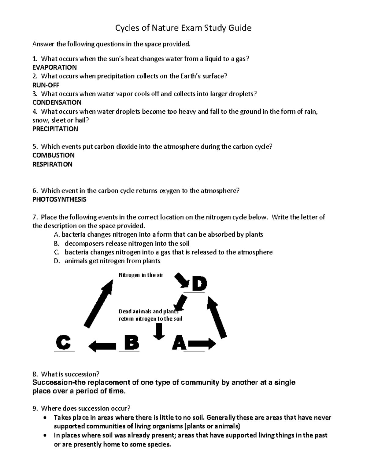 Cycles in Nature Study Guide Completed - Cycles of Nature Exam Study ...