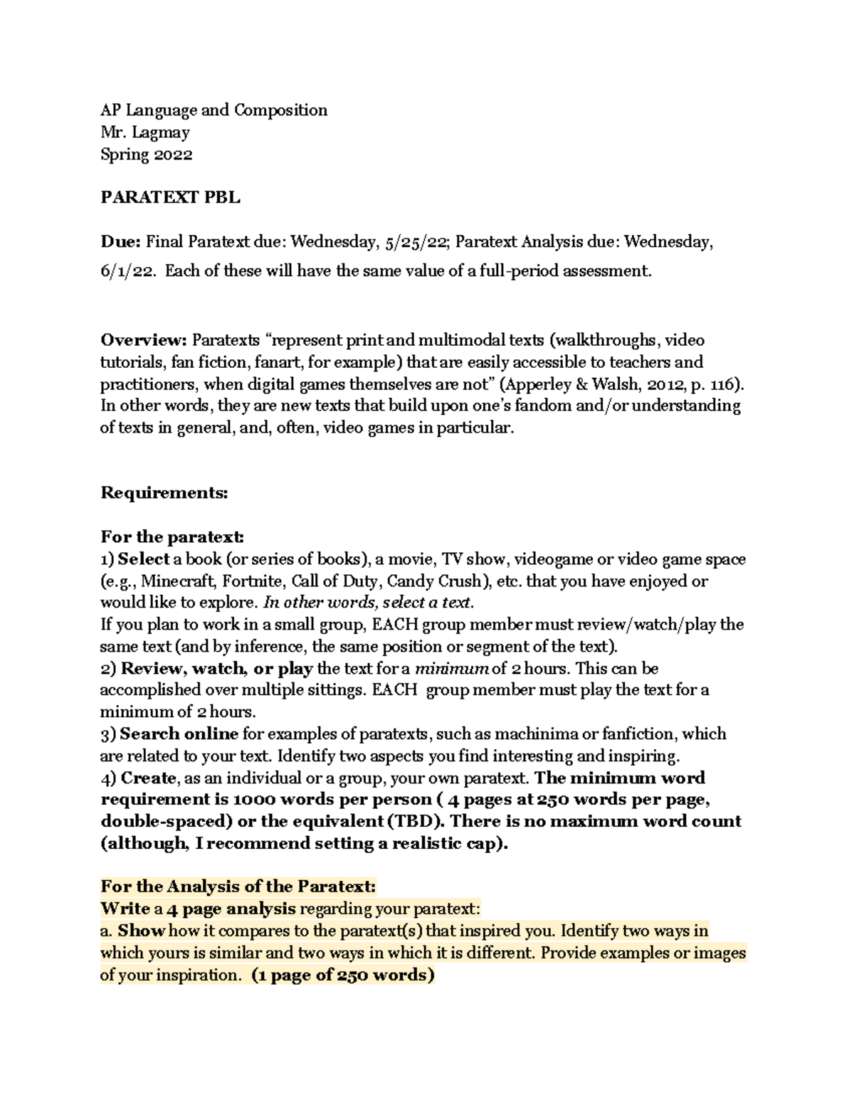 AP Lang.Paratext 2021-2022 instructions - AP Language and Composition ...