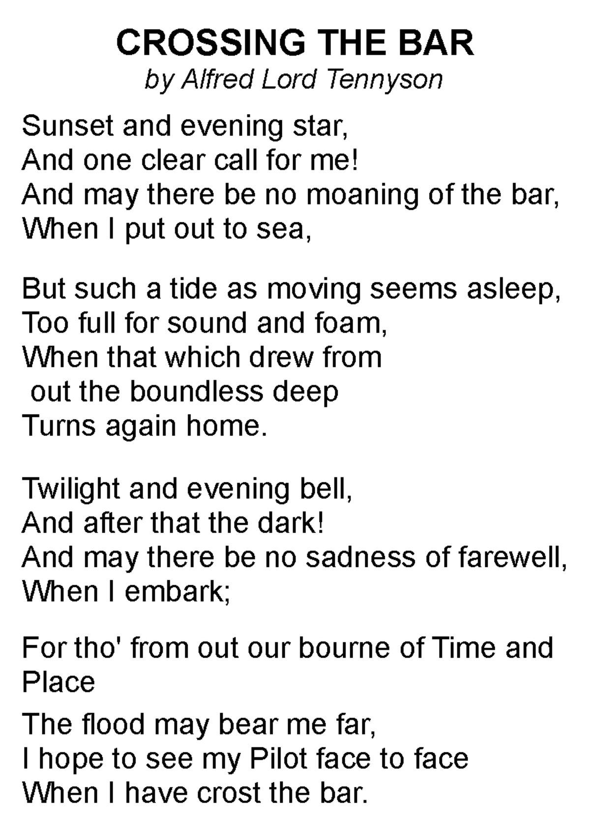 Crossing THE BAR poem sample - CROSSING THE BAR by Alfred Lord Tennyson ...