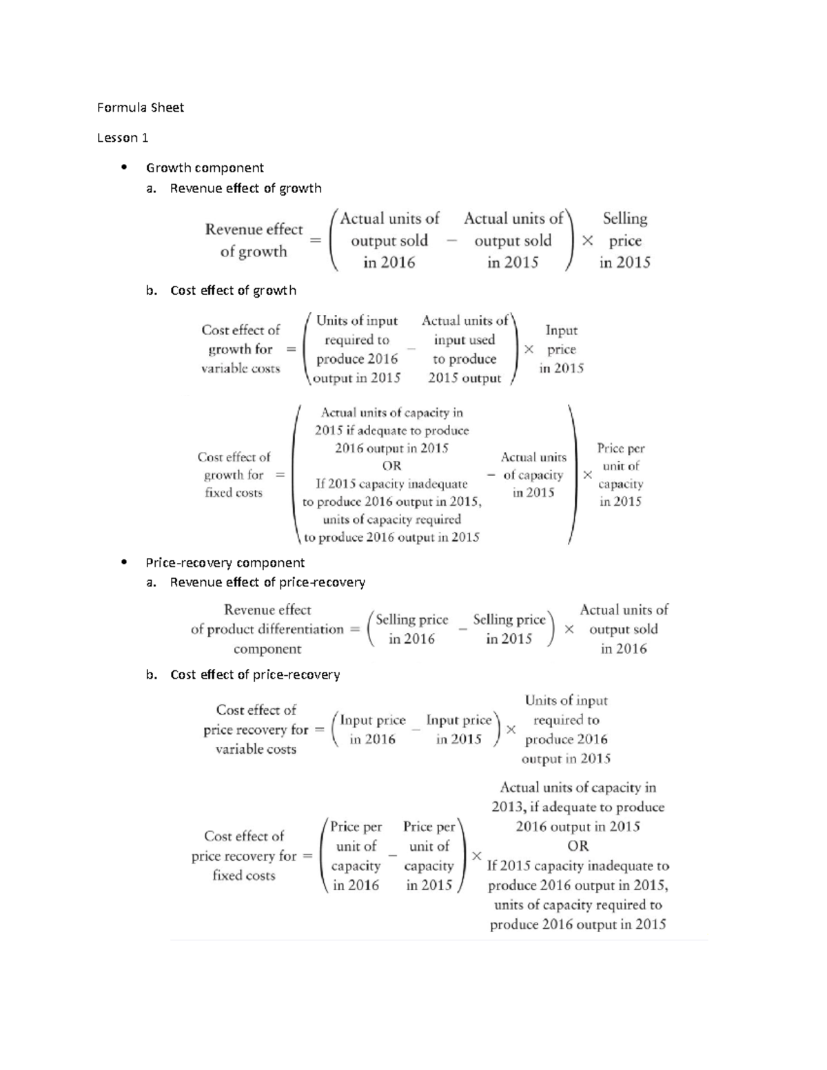 Formula Sheet - Formula Sheet Lesson 1 Growth component a. Revenue ...