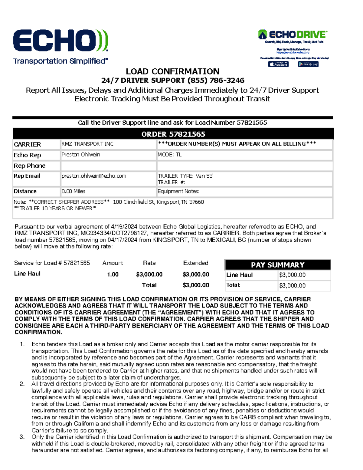 Rate Confirmation 57821565 - ORDER 57821565 CARRIER RMZ TRANSPORT INC ...