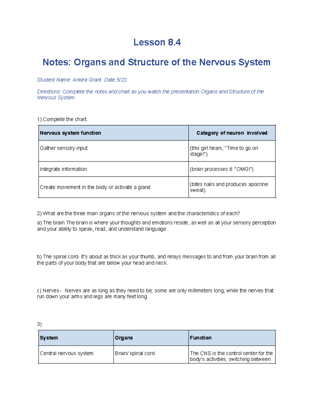 Lesson 8 - health science - Lesson 8. Notes: Organs and Structure of ...