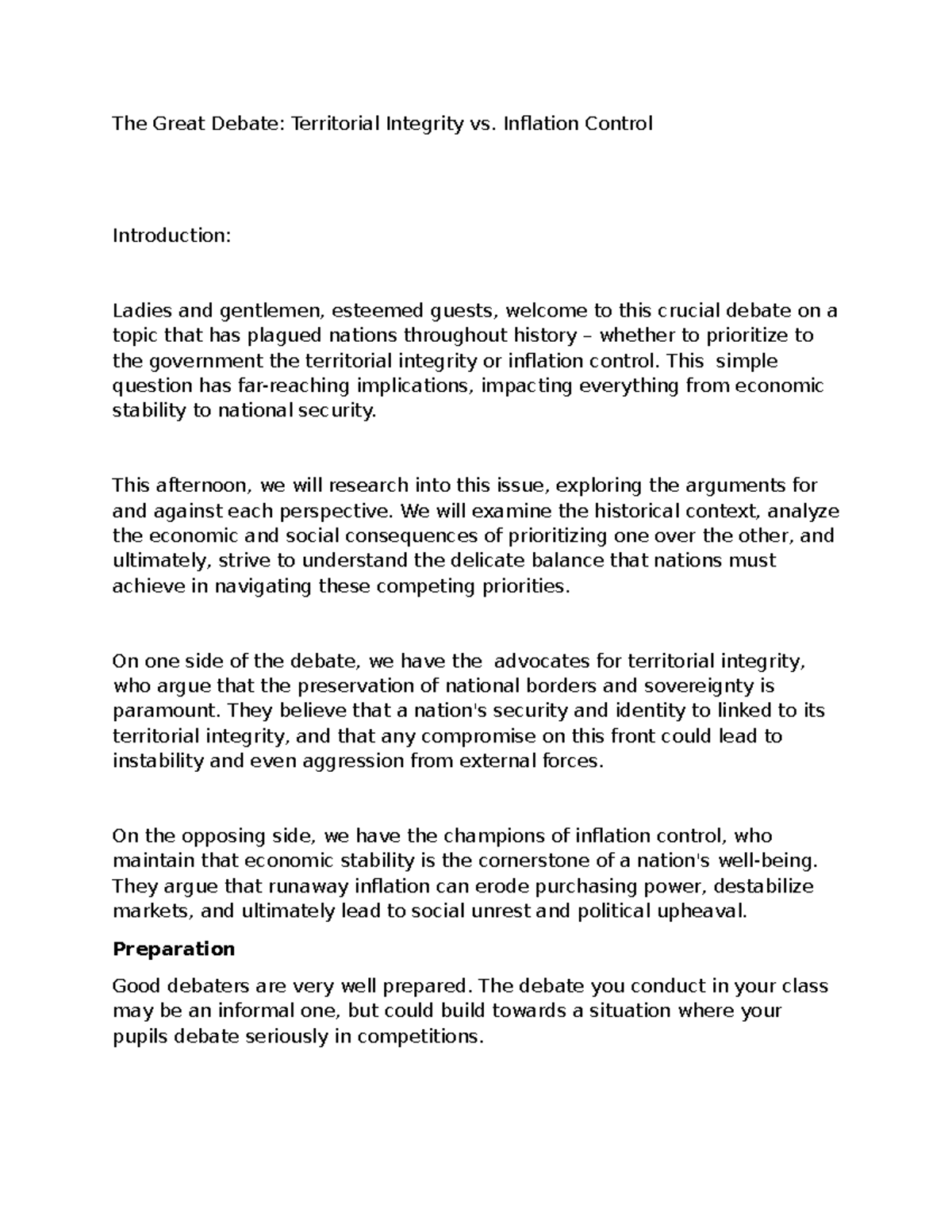 Debate script - The Great Debate: Territorial Integrity vs. Inflation ...