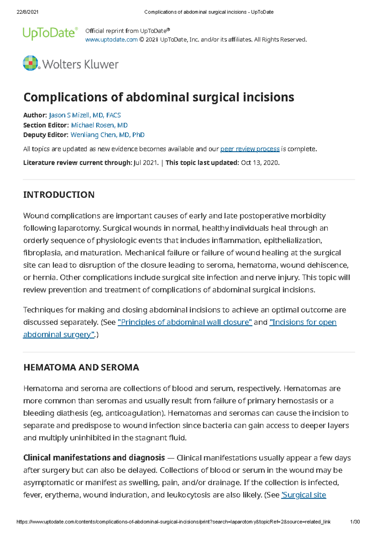 Complications of abdominal surgical incisions - Up To Date - Official ...