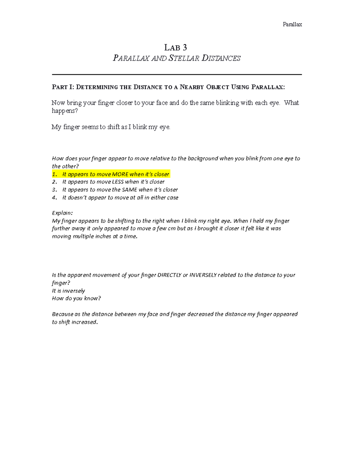 Lab3 Worksheet(1)(1) - lab worksheet - LAB 3 PARALLAX AND STELLAR DISTANCES PART I: DETERMINING ...