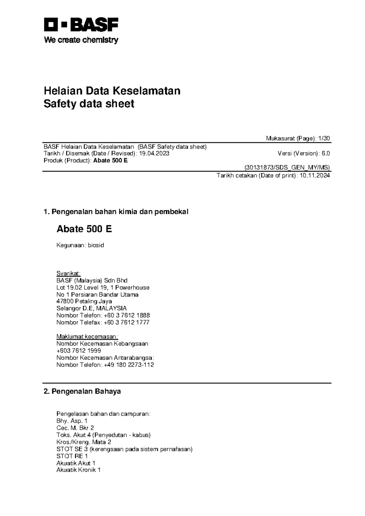 Abate+500+E - asdadsdas - Helaian Data Keselamatan Safety data sheet Mukasurat (Page): 1 / 30 ...