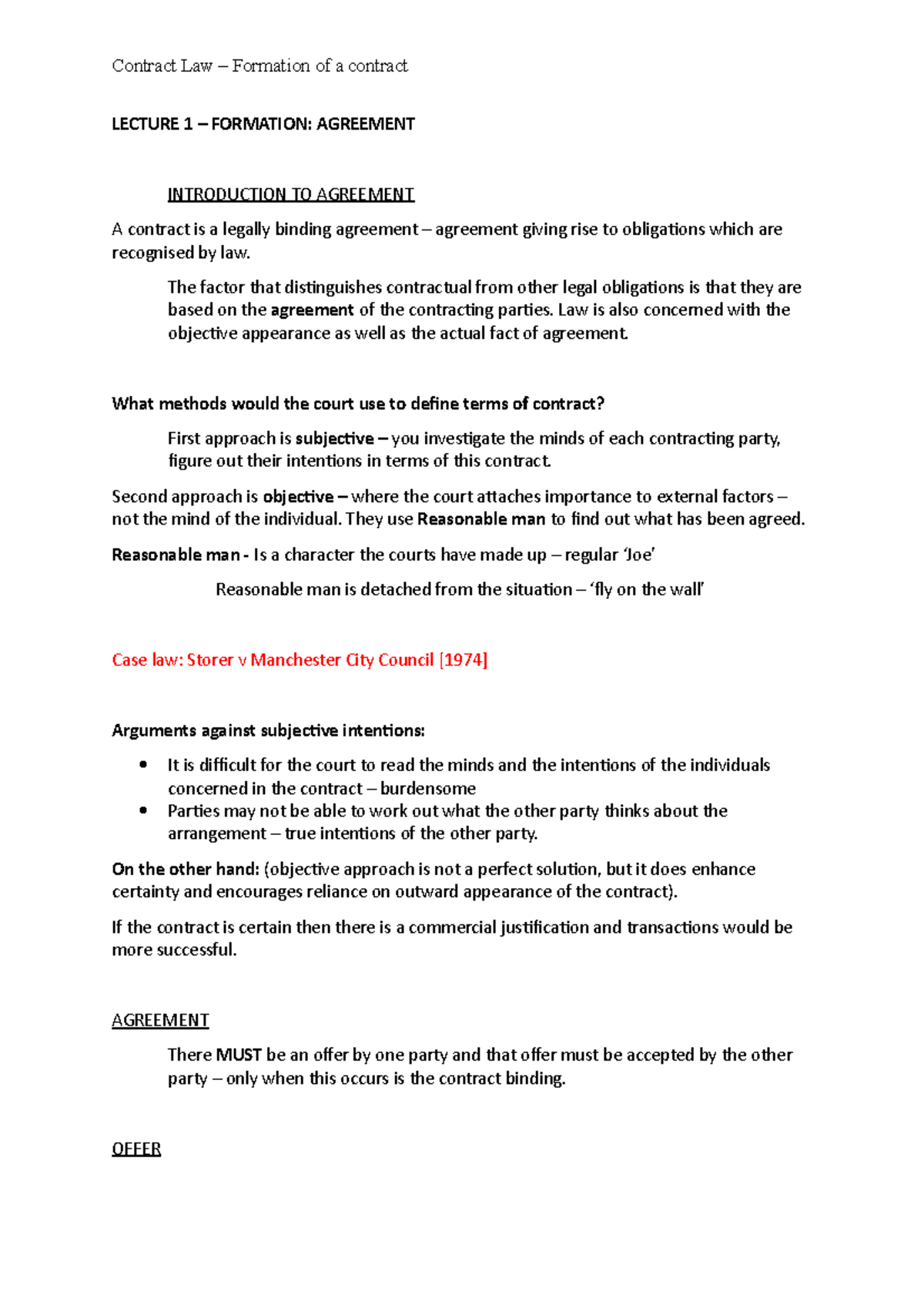 Formation of a contract - LECTURE 1 – FORMATION: AGREEMENT INTRODUCTION ...