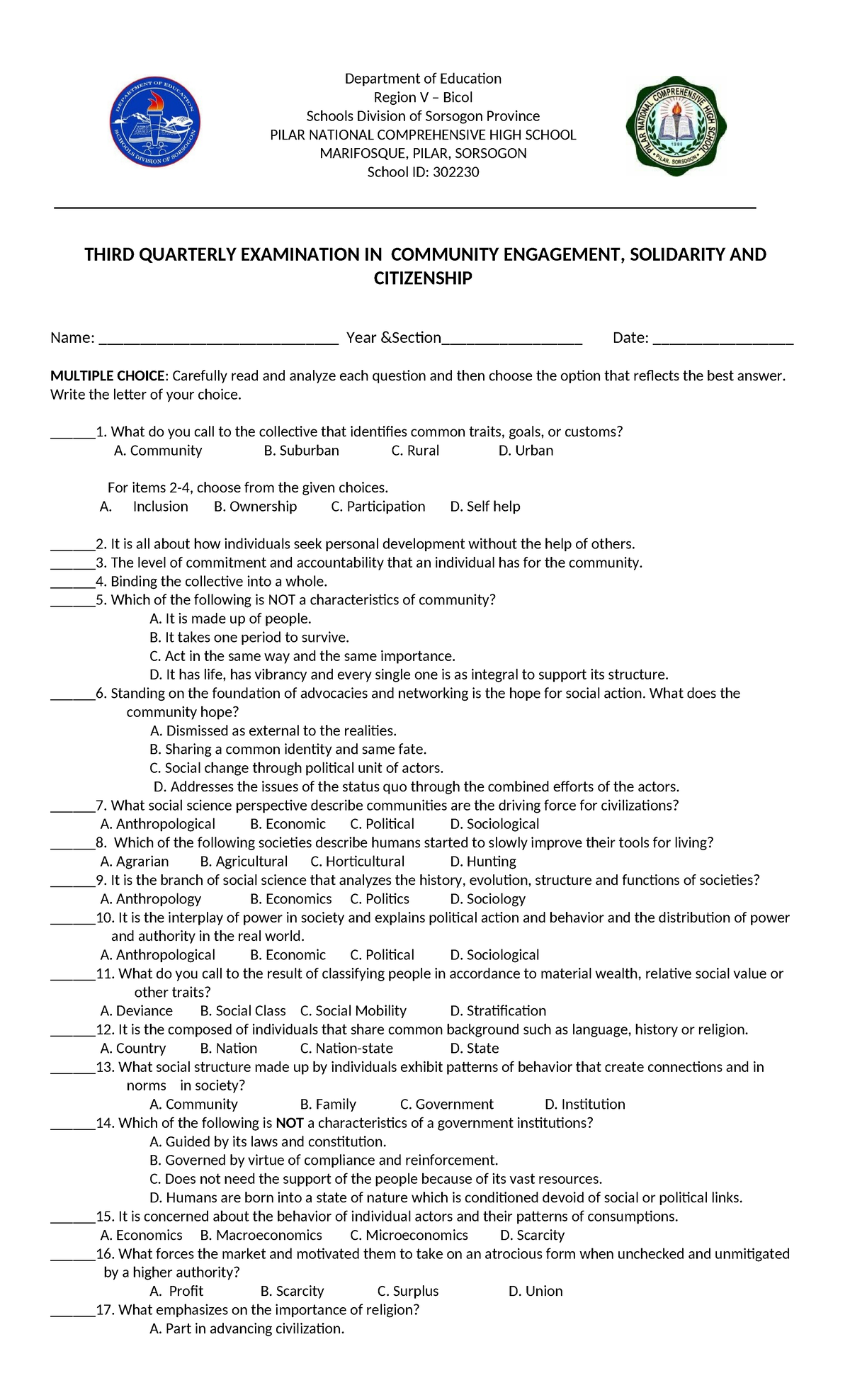 Community exam third 2023 - Department of Education Region V – Bicol ...