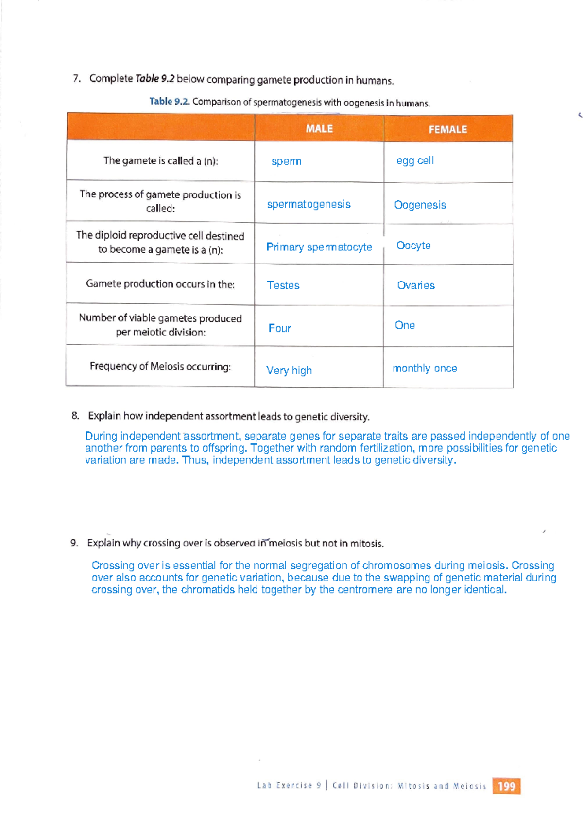Post lab 9 part 2 (1) blank - 7. Complete Table 9 below comparing gamete production in humans ...
