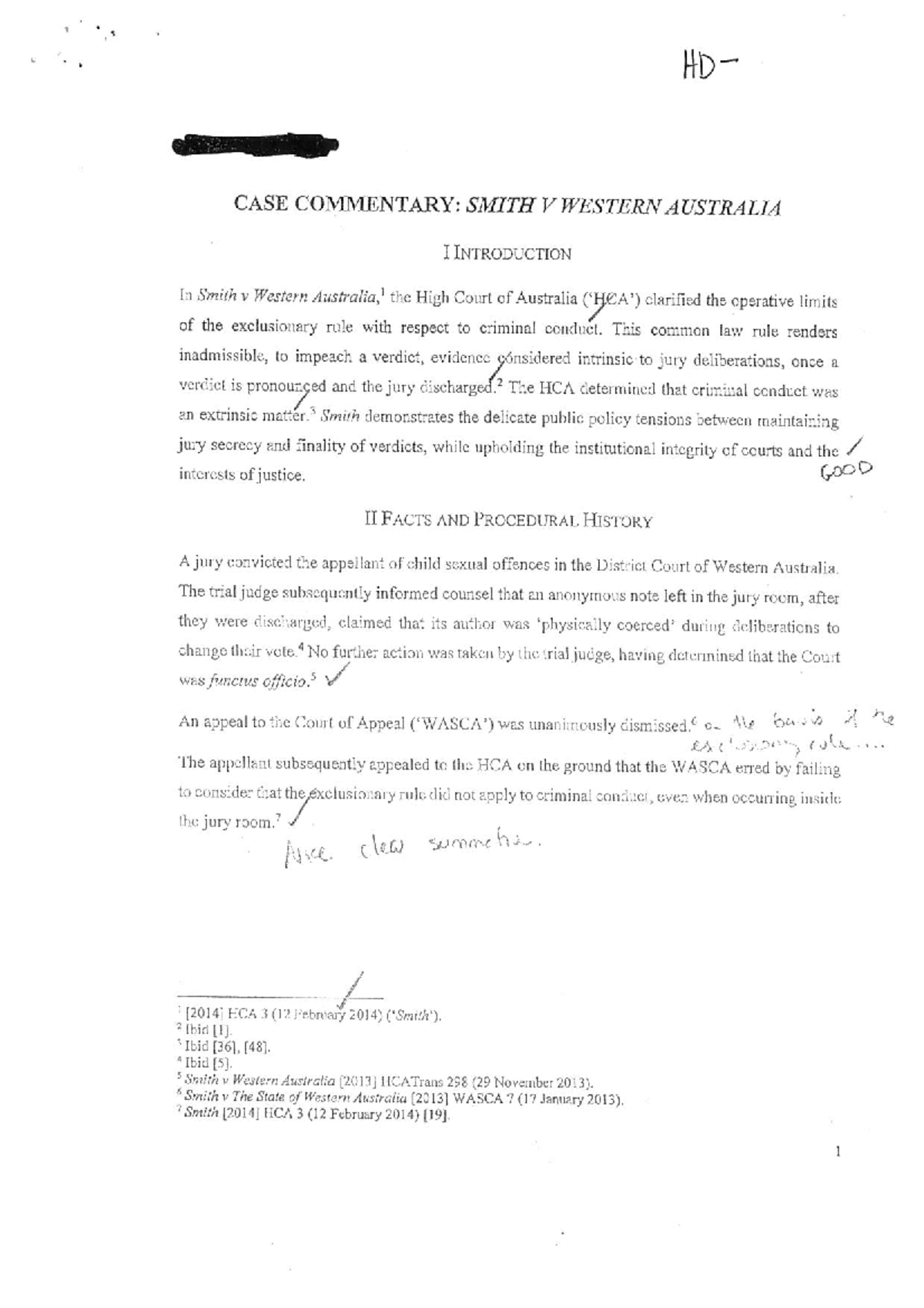 Extended Case Note examples (Smith v WA Case Commentaries(1 ...