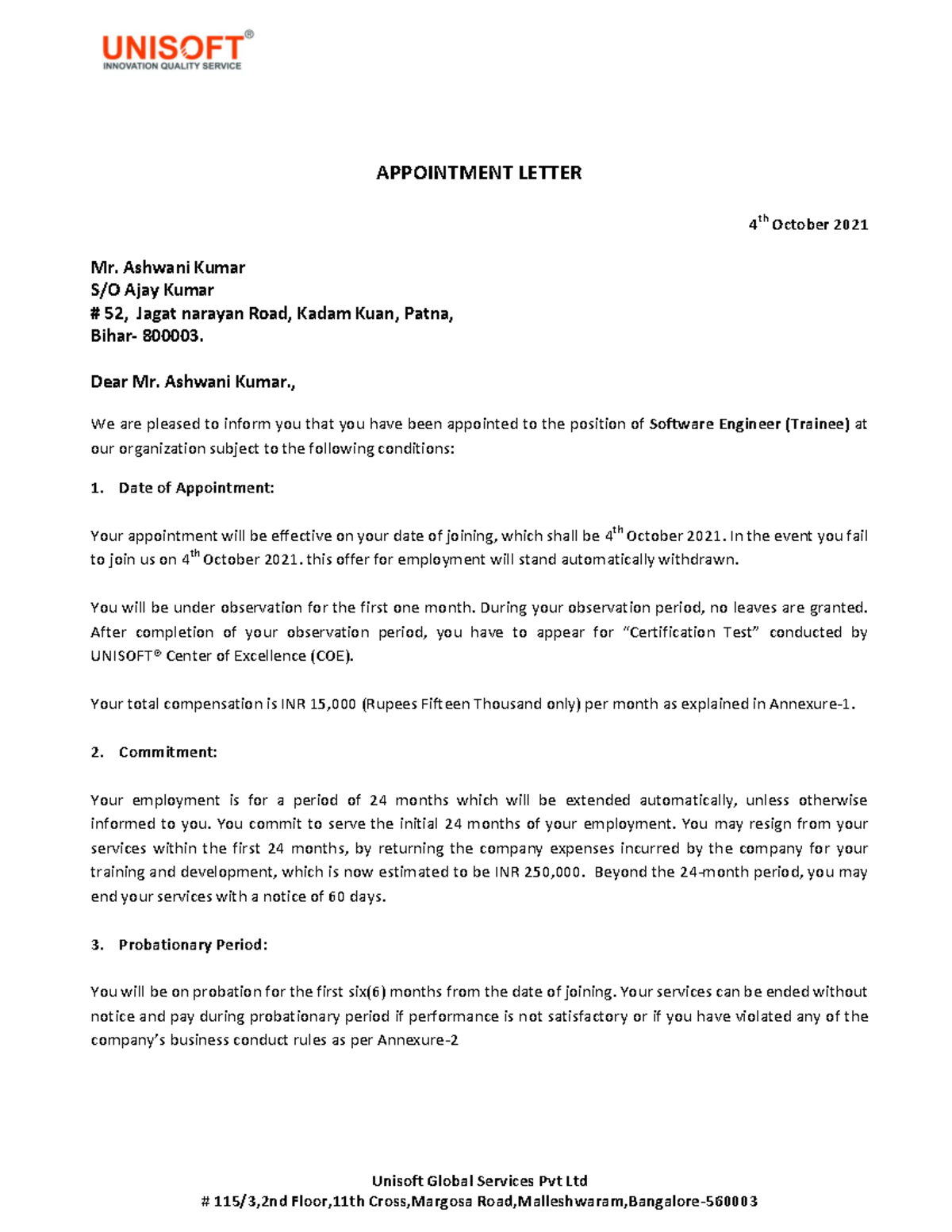Unisoft HCM Appointment Letter 11227 Ashwani 20211004 - Unisoft Global ...