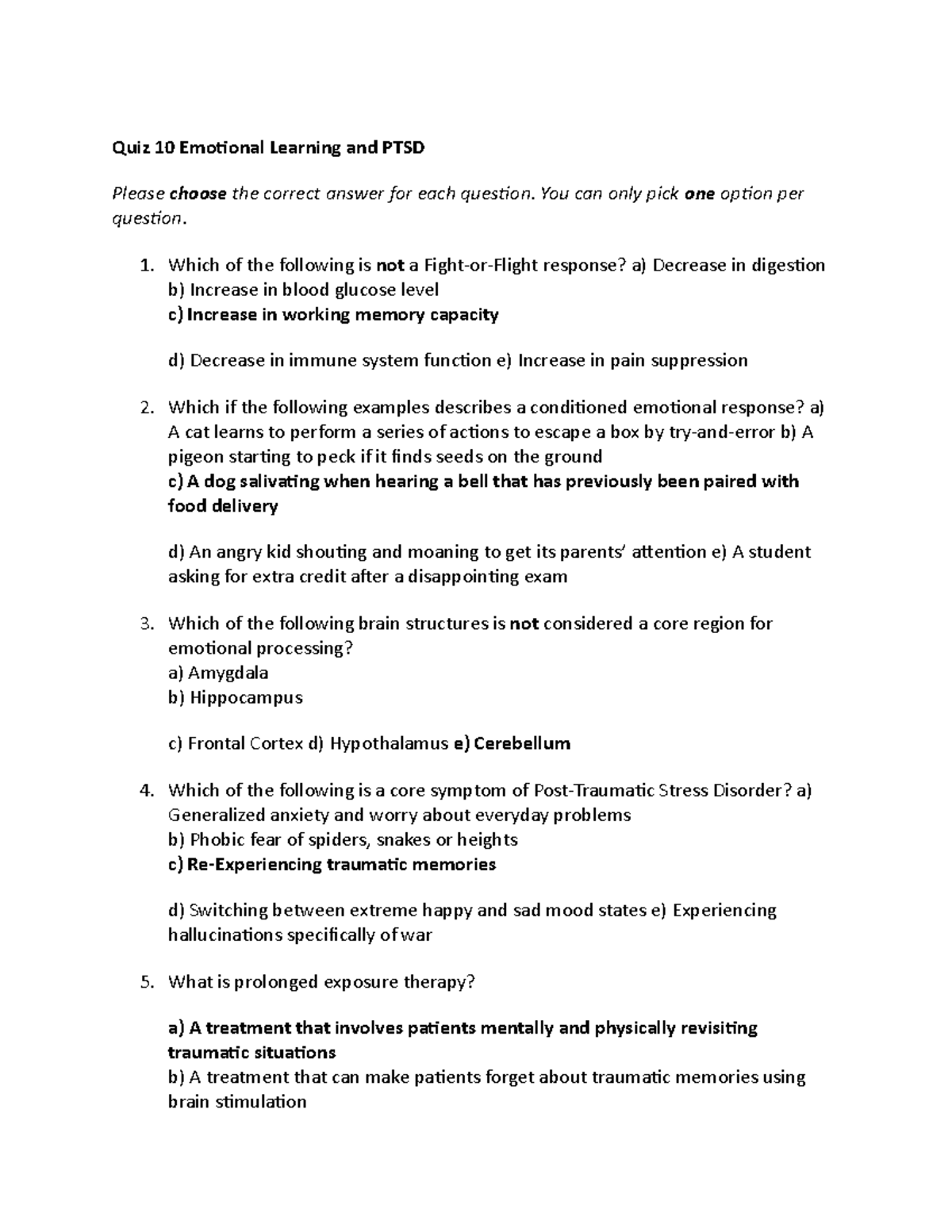 Quiz 10 Emotional Learning and PTSD - You can only pick one option per ...